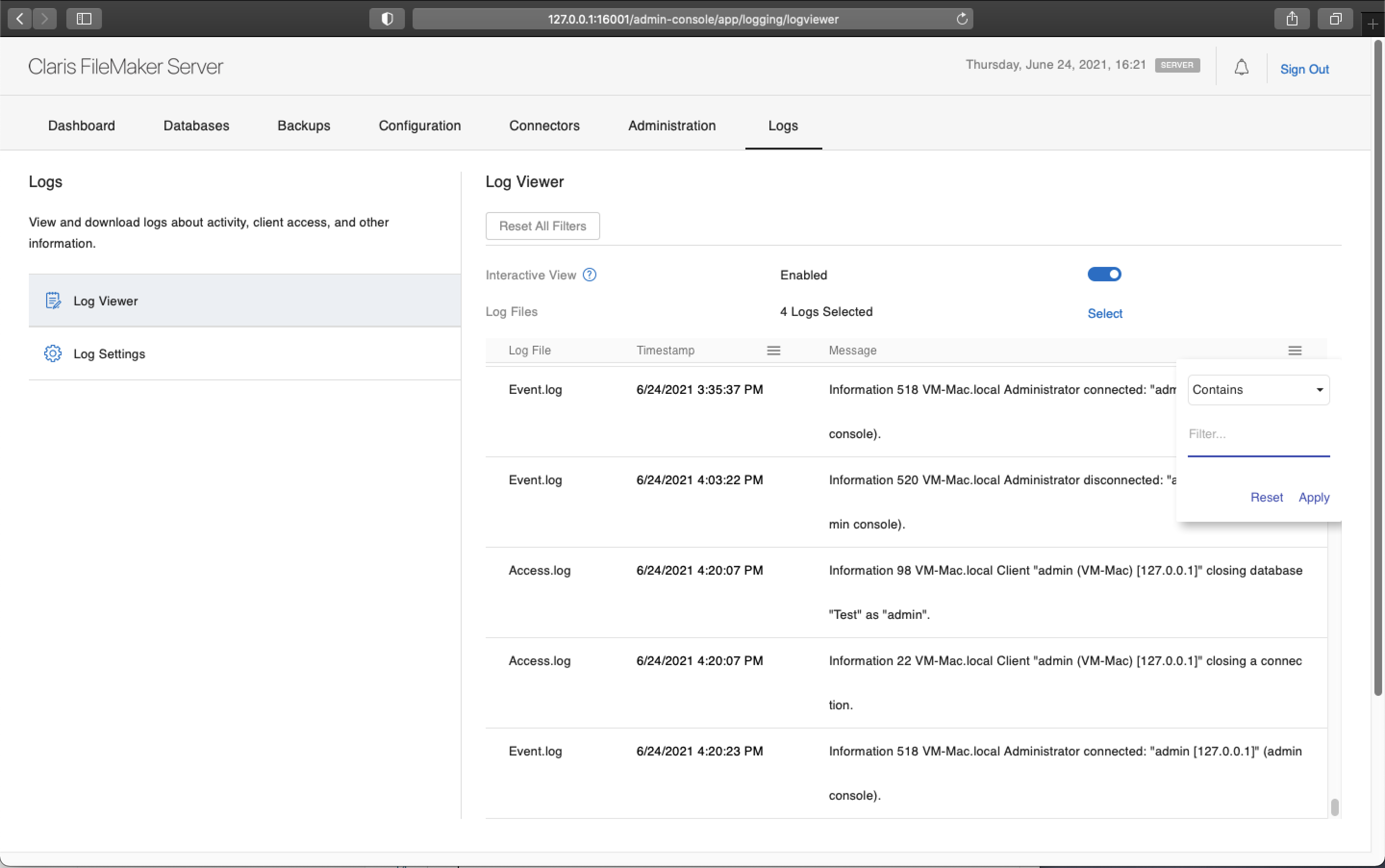 Working with centralized logs in FileMaker Server