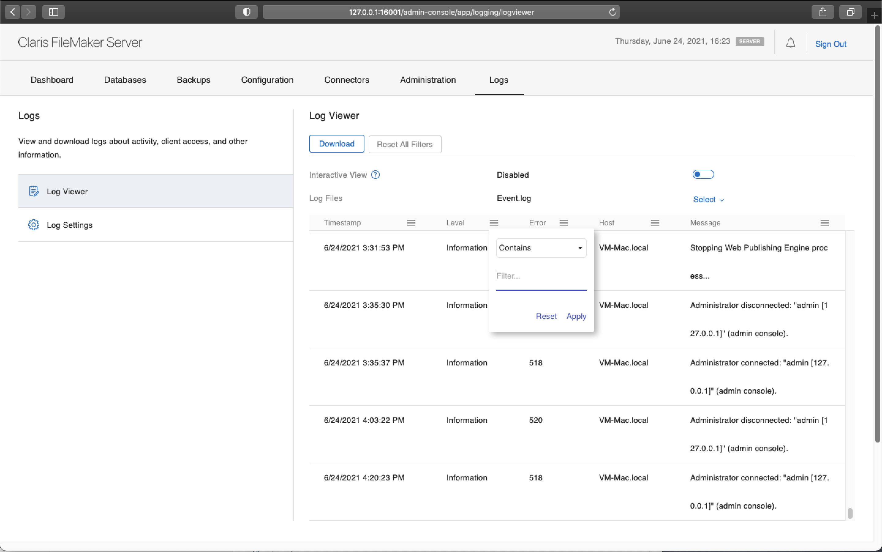 Working with centralized logs in FileMaker Server