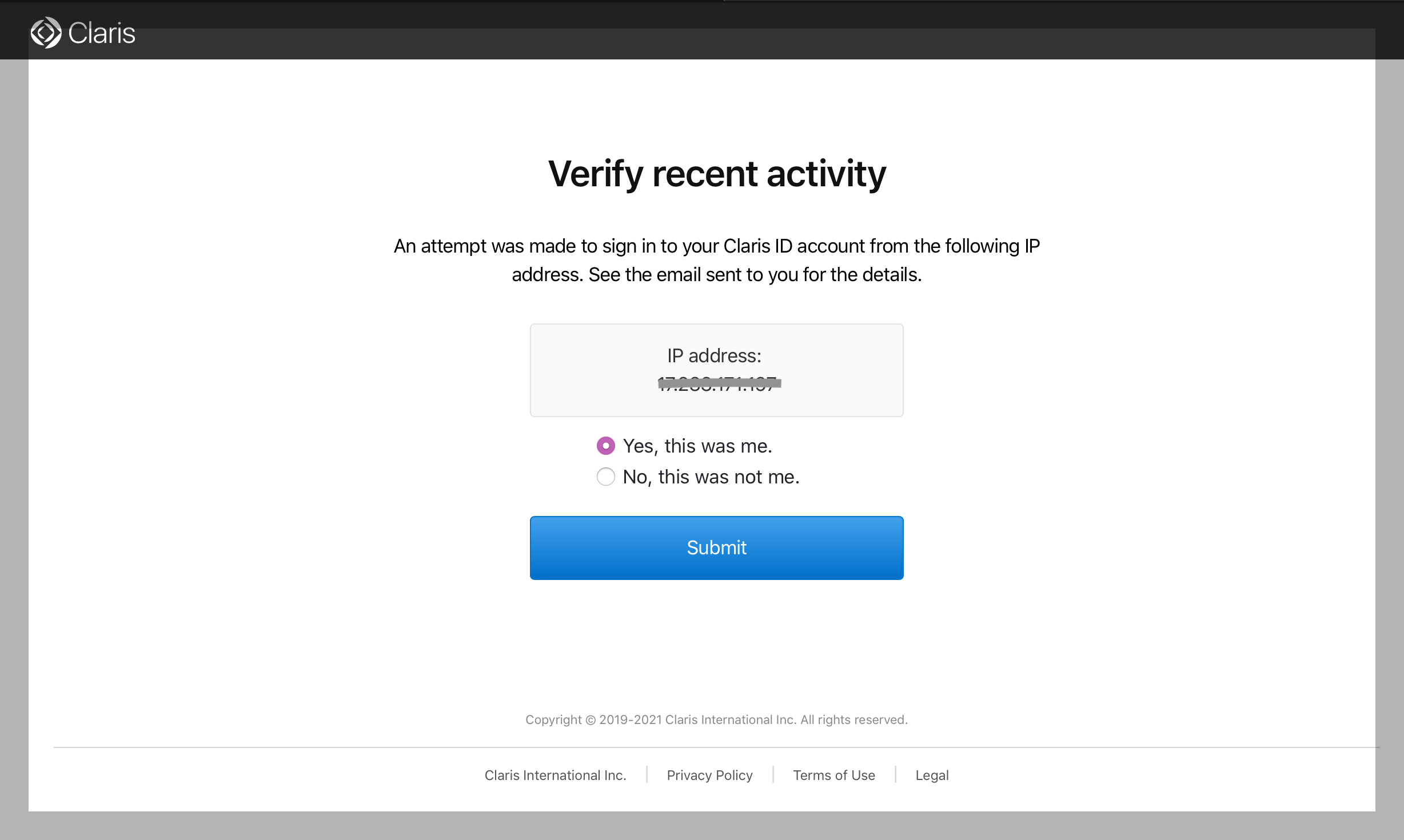 “Unable to login because of security reasons” on Claris ID login attempt “Unable to login because of security reasons” on Claris ID login attempt