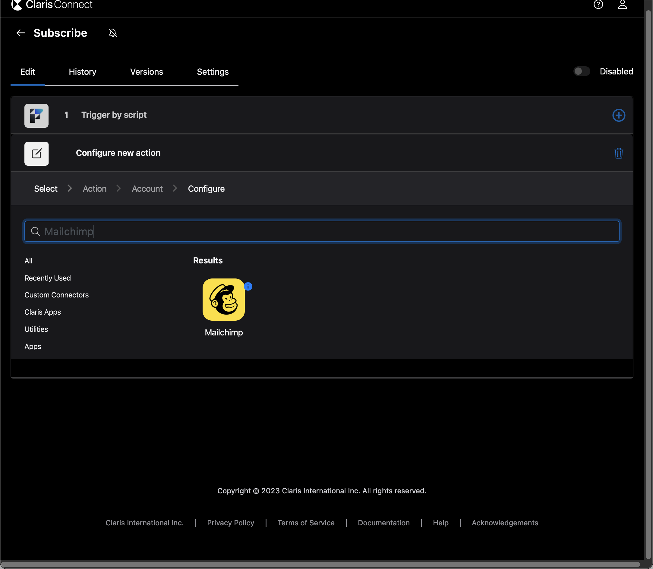 Subscribing to a Mailchimp audience with the Trigger Claris Connect Flow script step