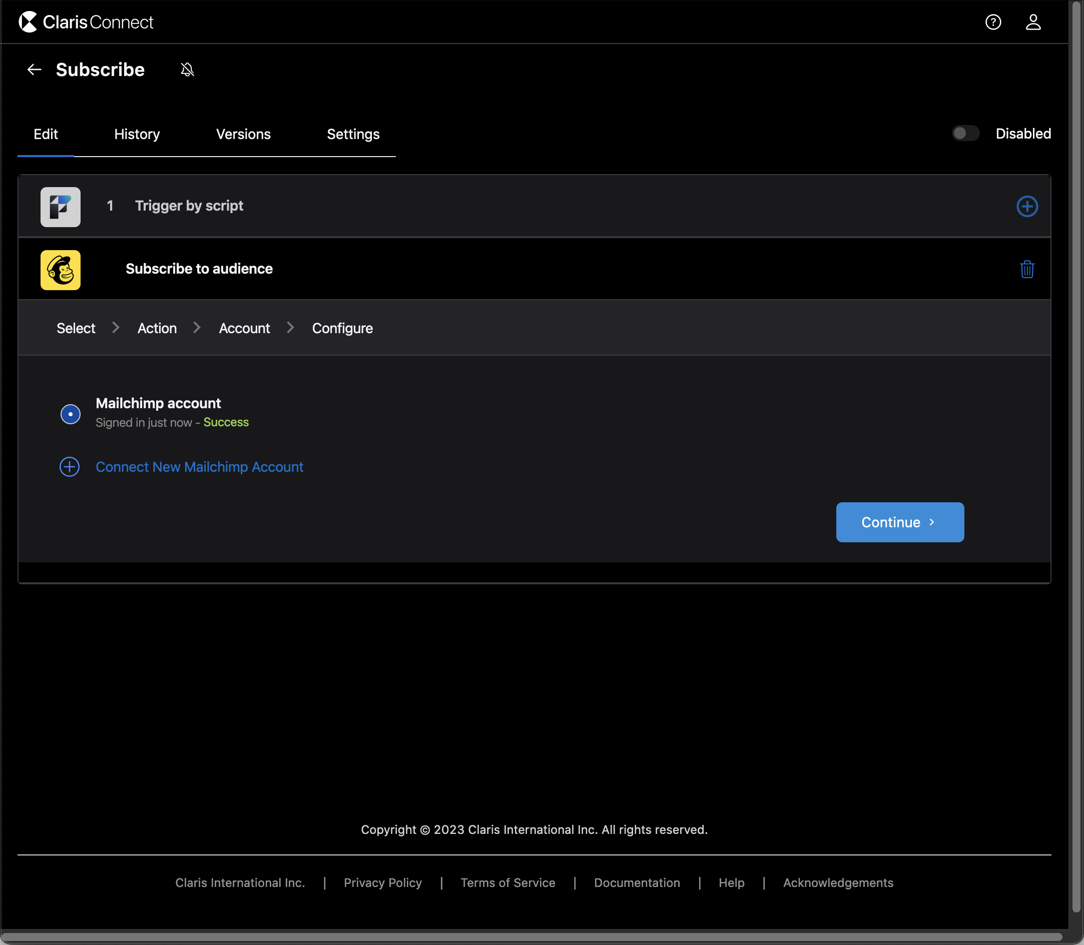 Subscribing to a Mailchimp audience with the Trigger Claris Connect Flow script step