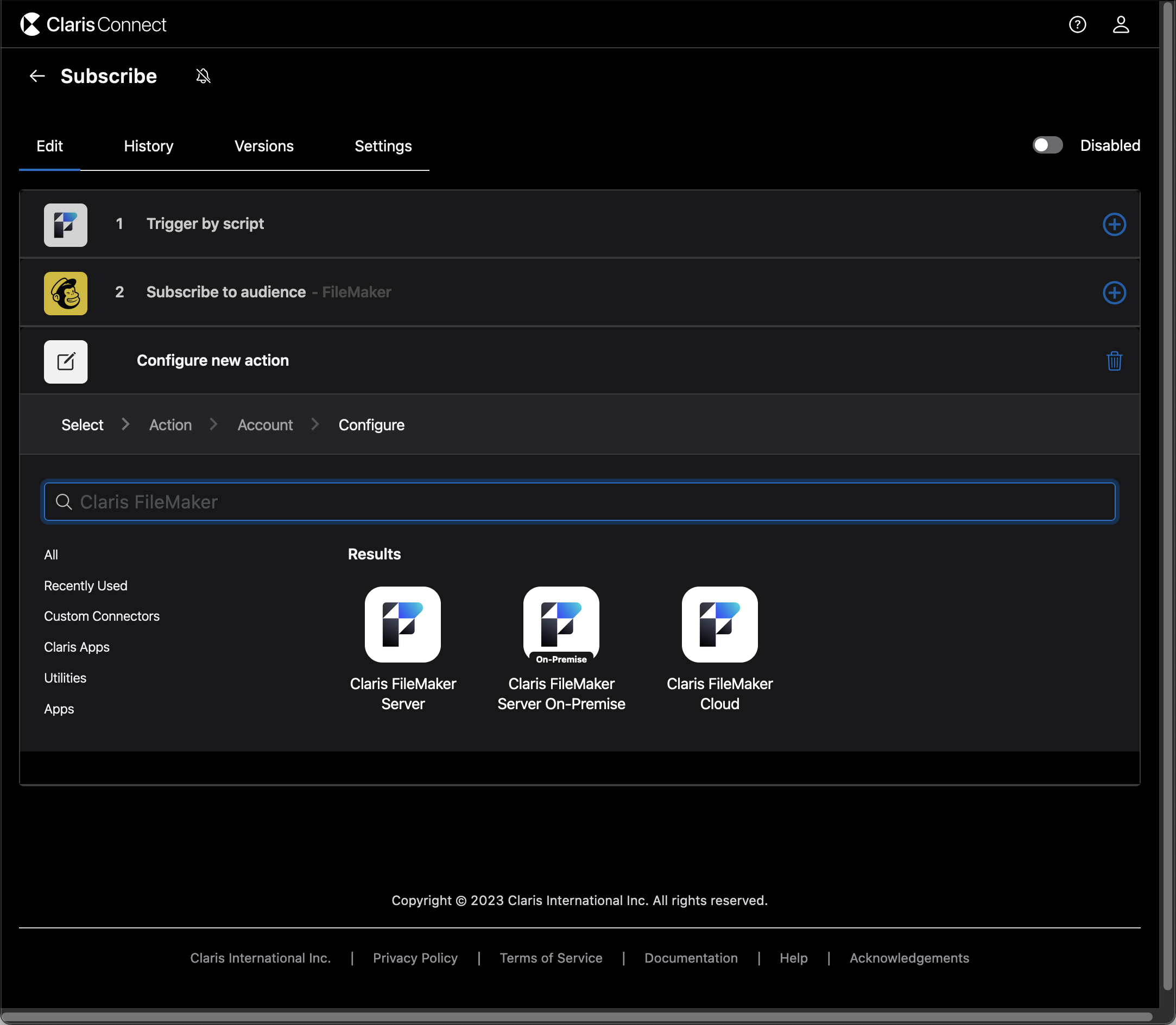 Subscribing to a Mailchimp audience with the Trigger Claris Connect Flow script step