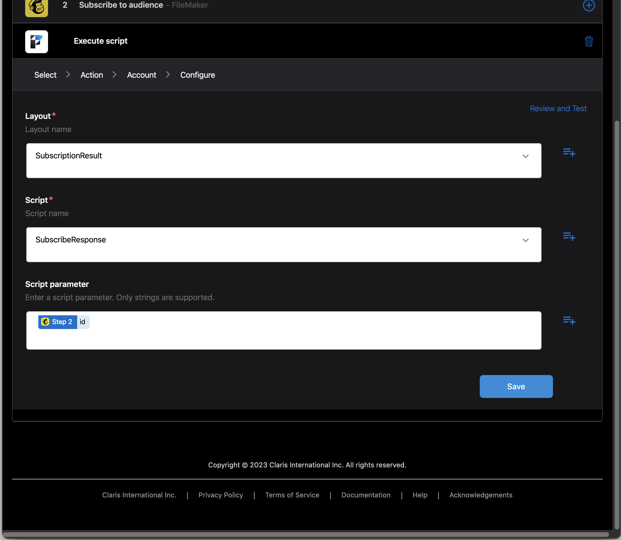 Subscribing to a Mailchimp audience with the Trigger Claris Connect Flow script step
