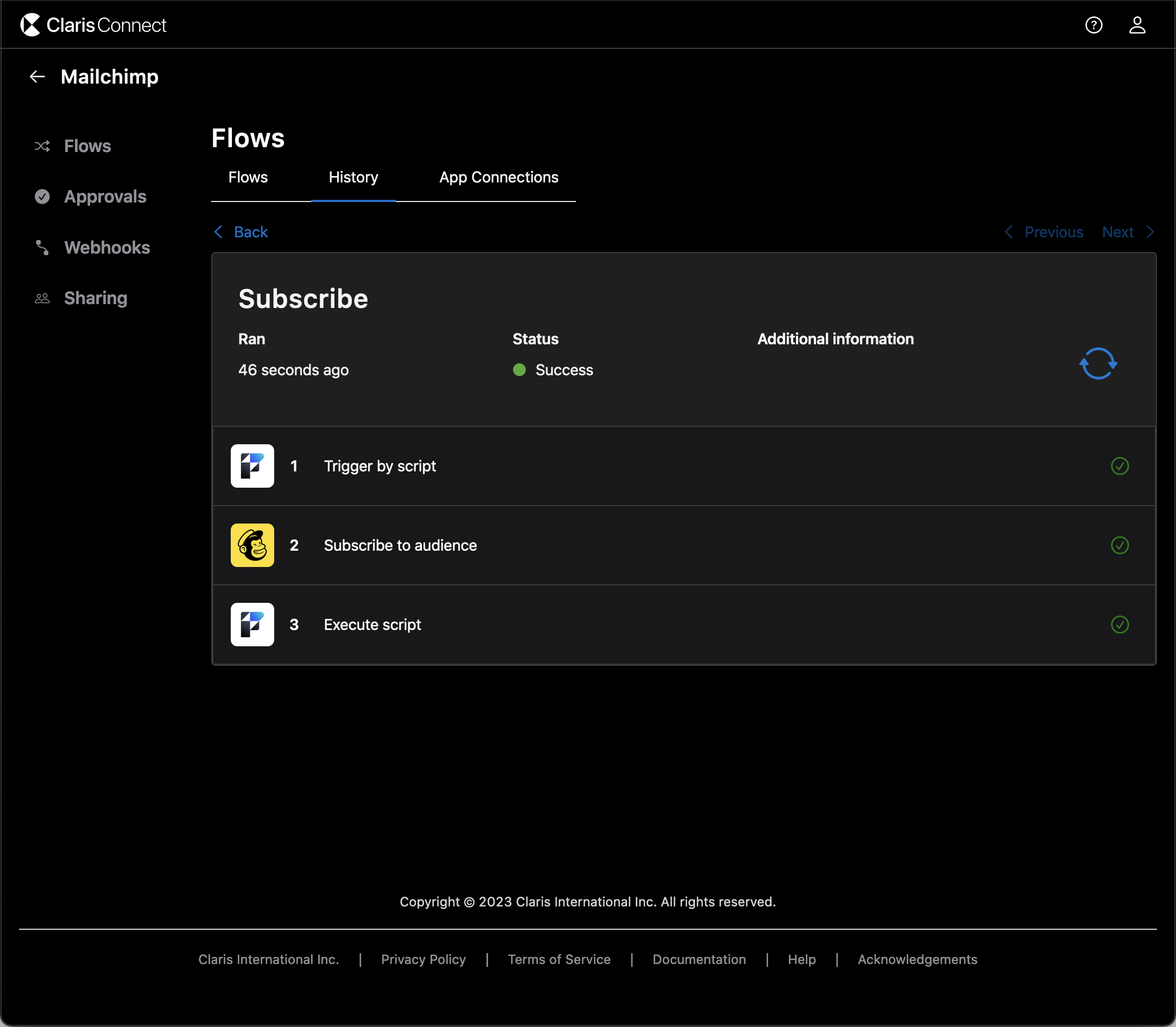 Subscribing to a Mailchimp audience with the Trigger Claris Connect Flow script step