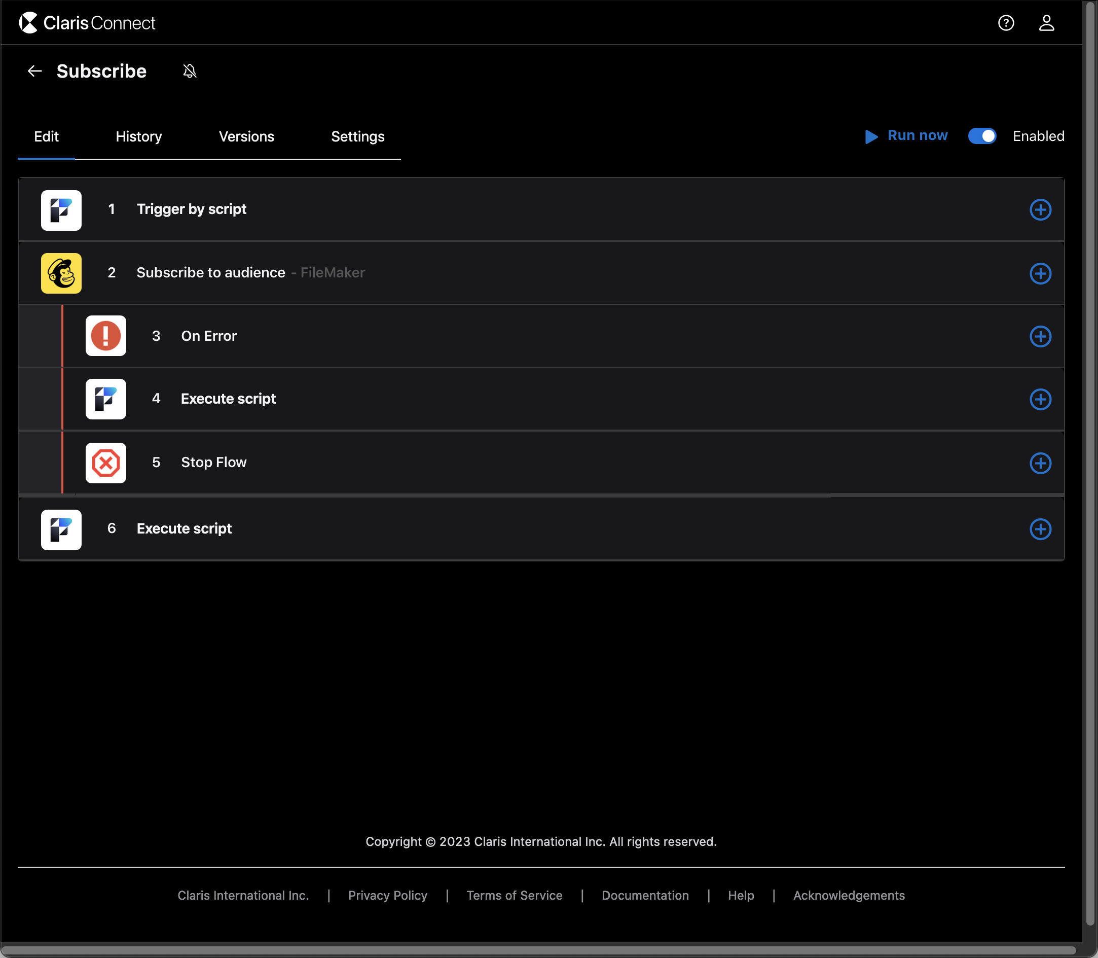 Subscribing to a Mailchimp audience with the Trigger Claris Connect Flow script step